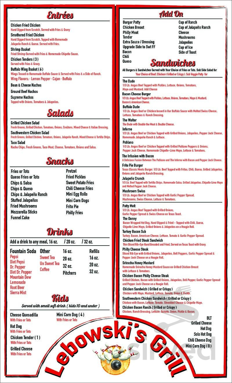 Lebowski's Grill at Highland Lanes menu in Austin, Texas, USA