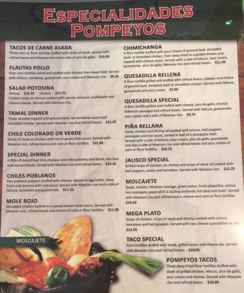 Pompeyos Mexican Grill menu in Alpena, Michigan, USA