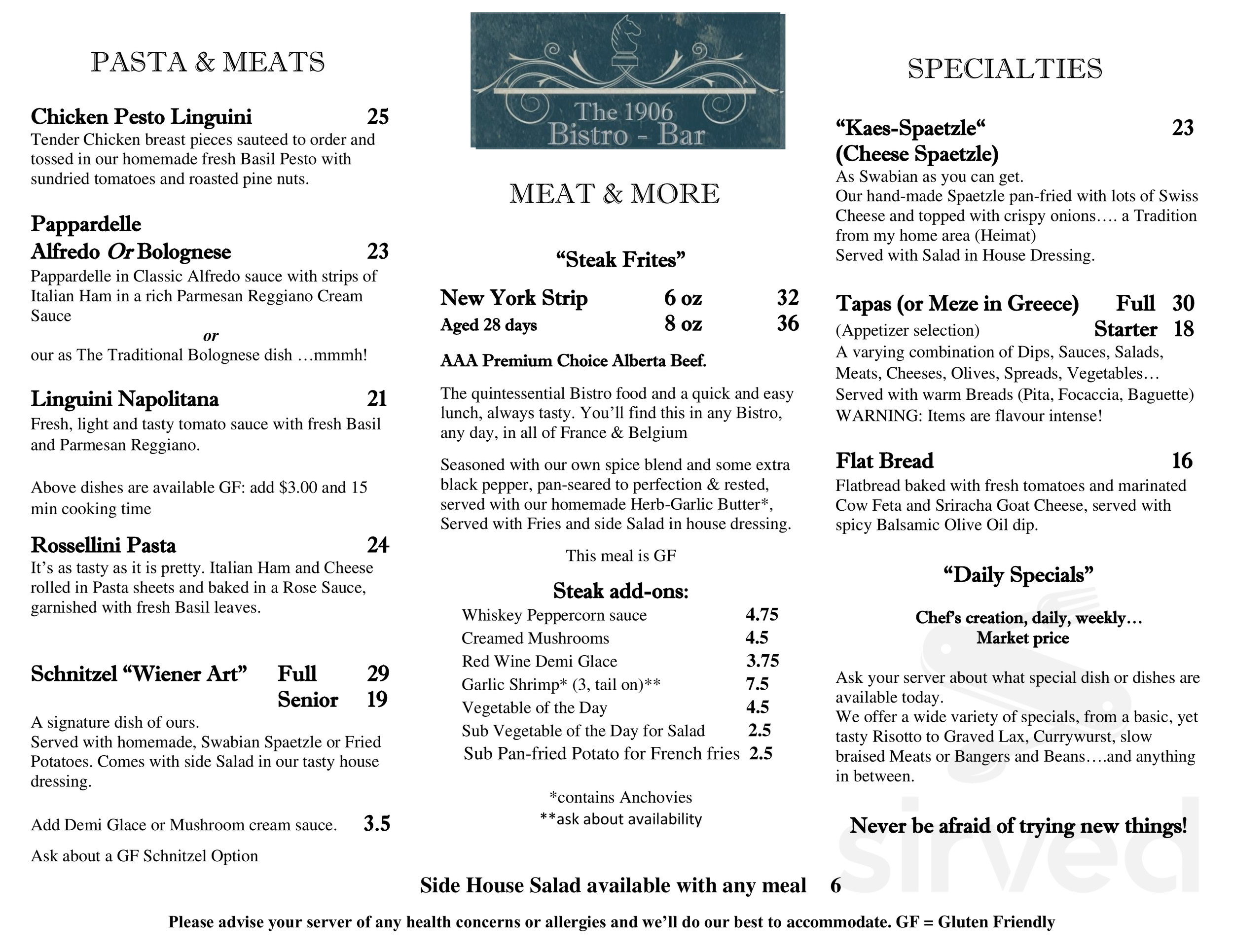Menu - Didsbury AB's The 1906 Bistro - Bar | Sirved