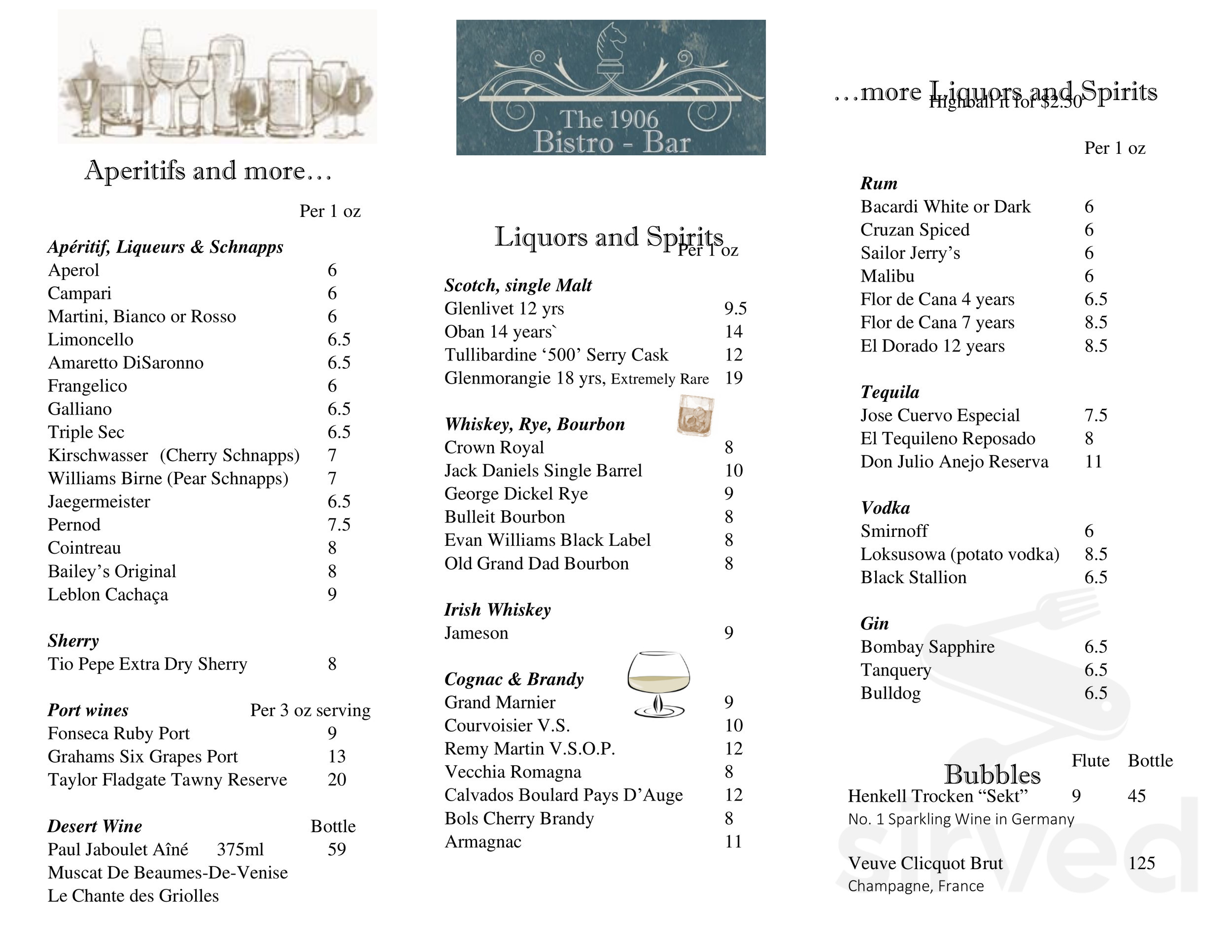 Menu - Didsbury AB's The 1906 Bistro - Bar | Sirved