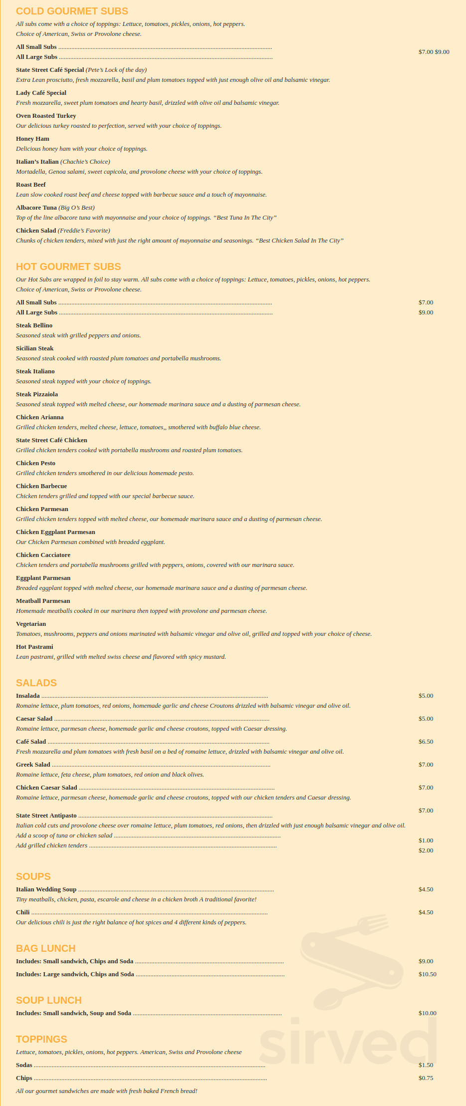 Menu for Al's State Street Cafe in Boston, MA | Sirved