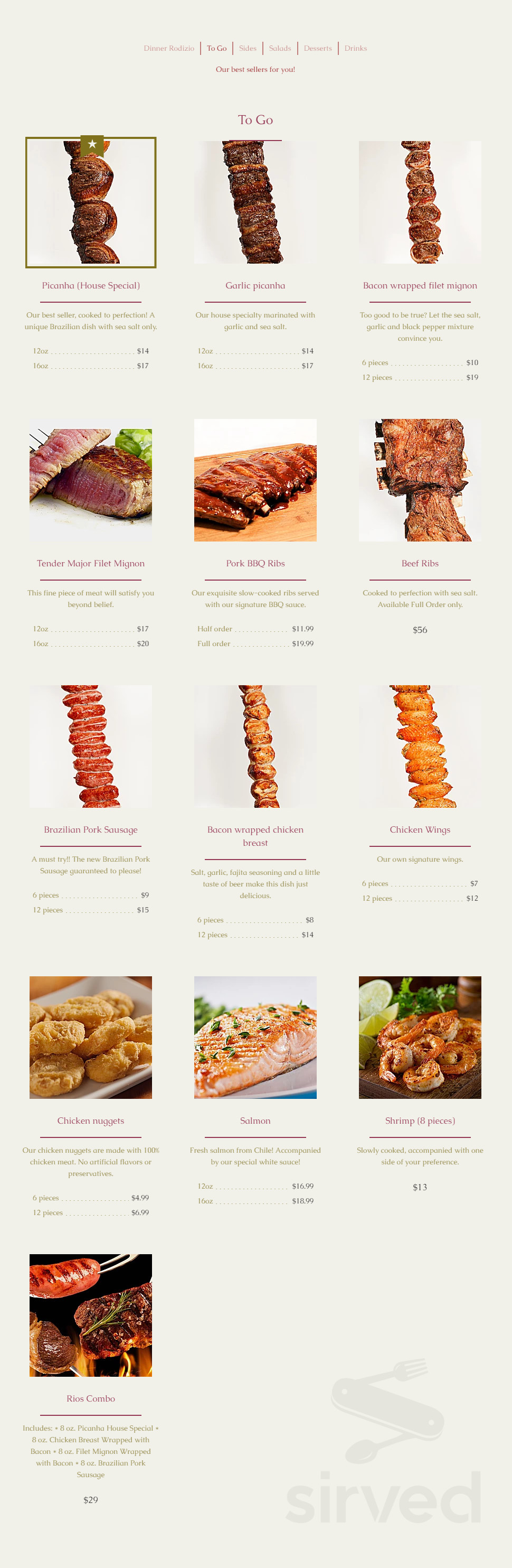 Rios Brazilian Steakhouse menu in Charlotte, North Carolina, USA