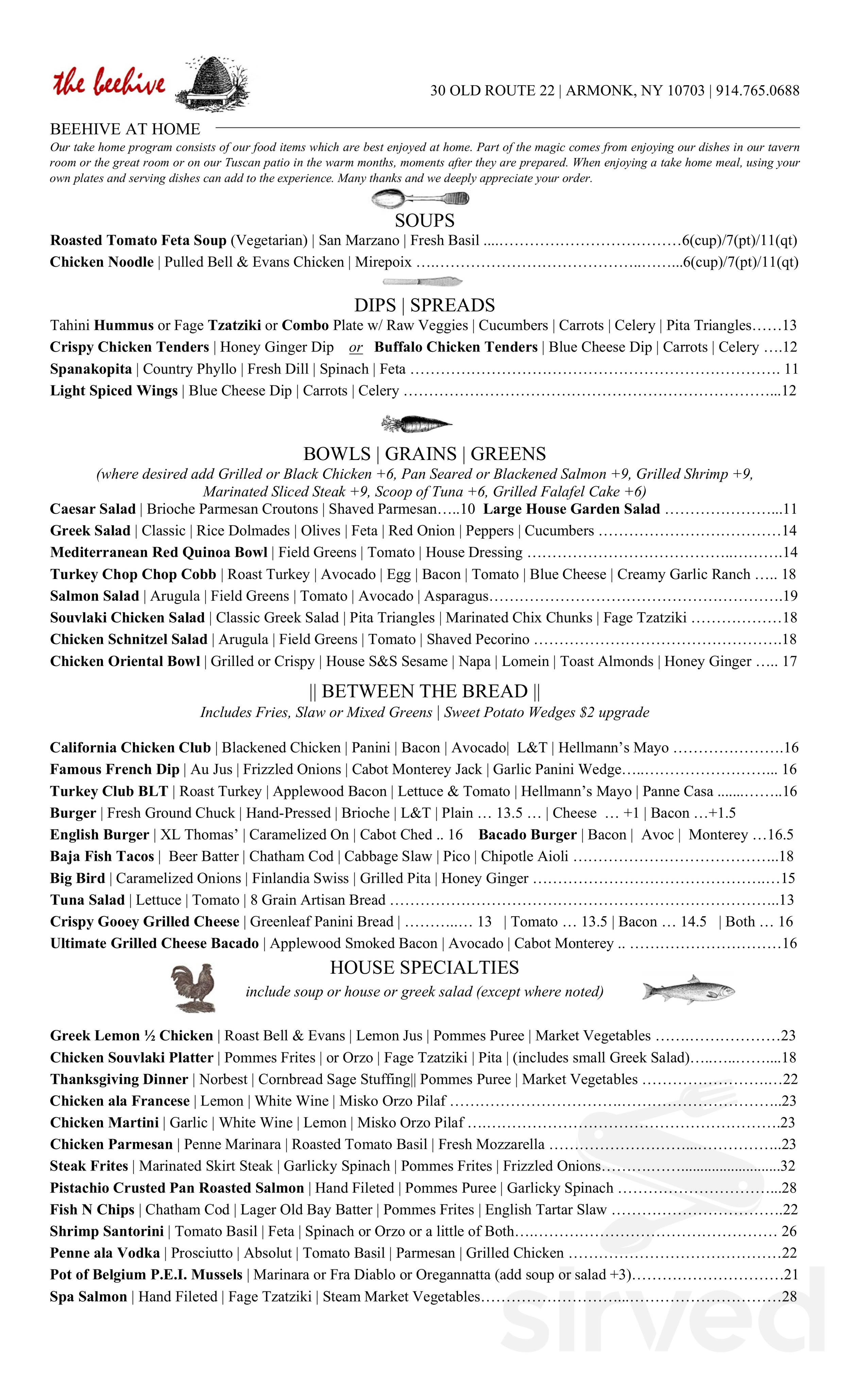 The Beehive menu in Armonk, New York, USA
