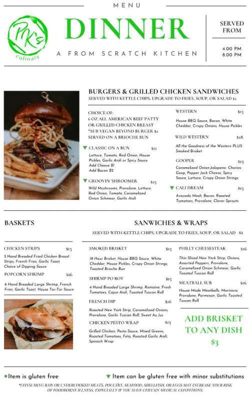 PKs Culinary menu in Grand Coulee, Washington, USA