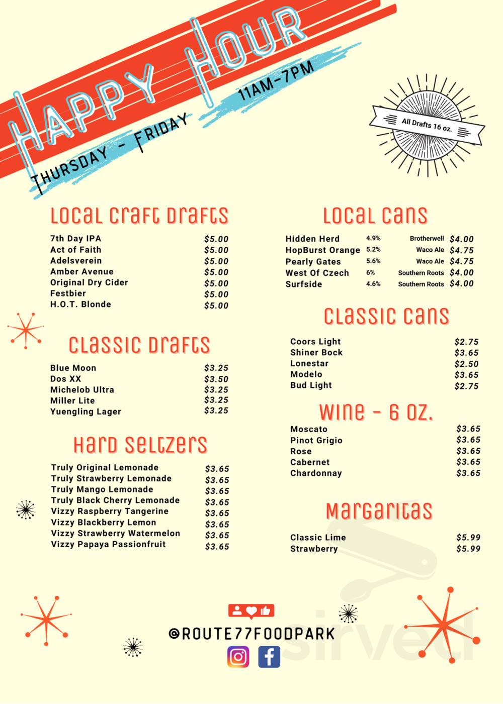 Route 77 Food Park & Bar menu in Waco, Texas, USA