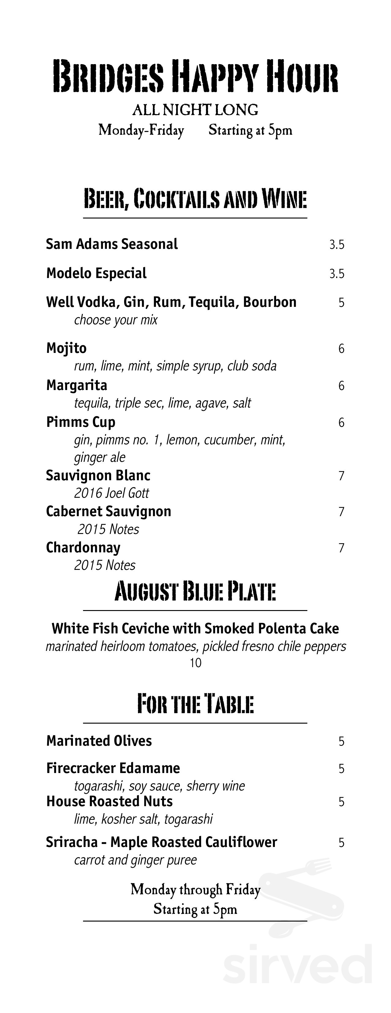 Bridges Restaurant and Bar menu in Danville, California, USA