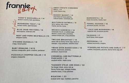 Frannie & The Fox menu in Charleston, South Carolina, USA