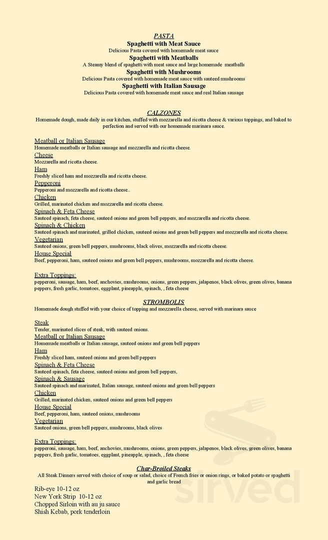Gondolier Pizza & Steak House menu in Athens, Tennessee, USA