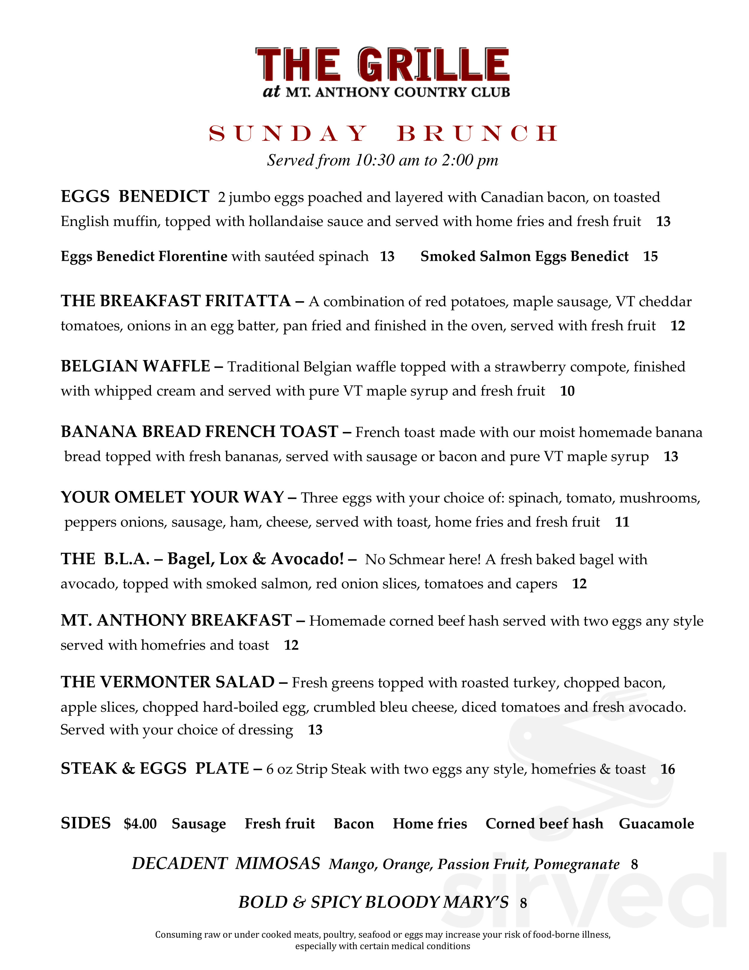 The Grille at Mount Anthony Country Club menus in Bennington, Vermont ...