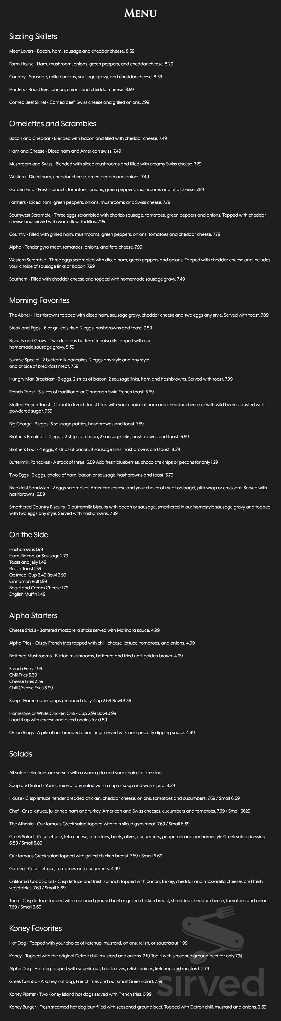 Menu for Alpha Koney Island in Adrian, MI | Sirved