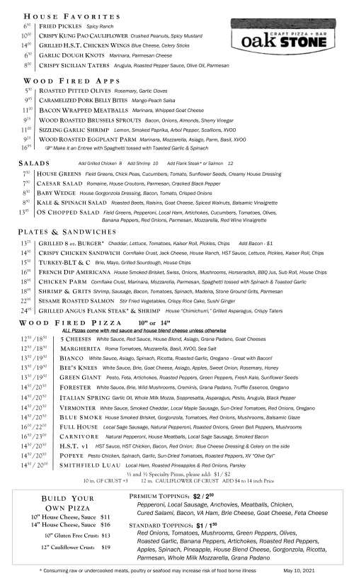 Oak Stone Craft Pizza and Bar menu in Winchester, Virginia, USA