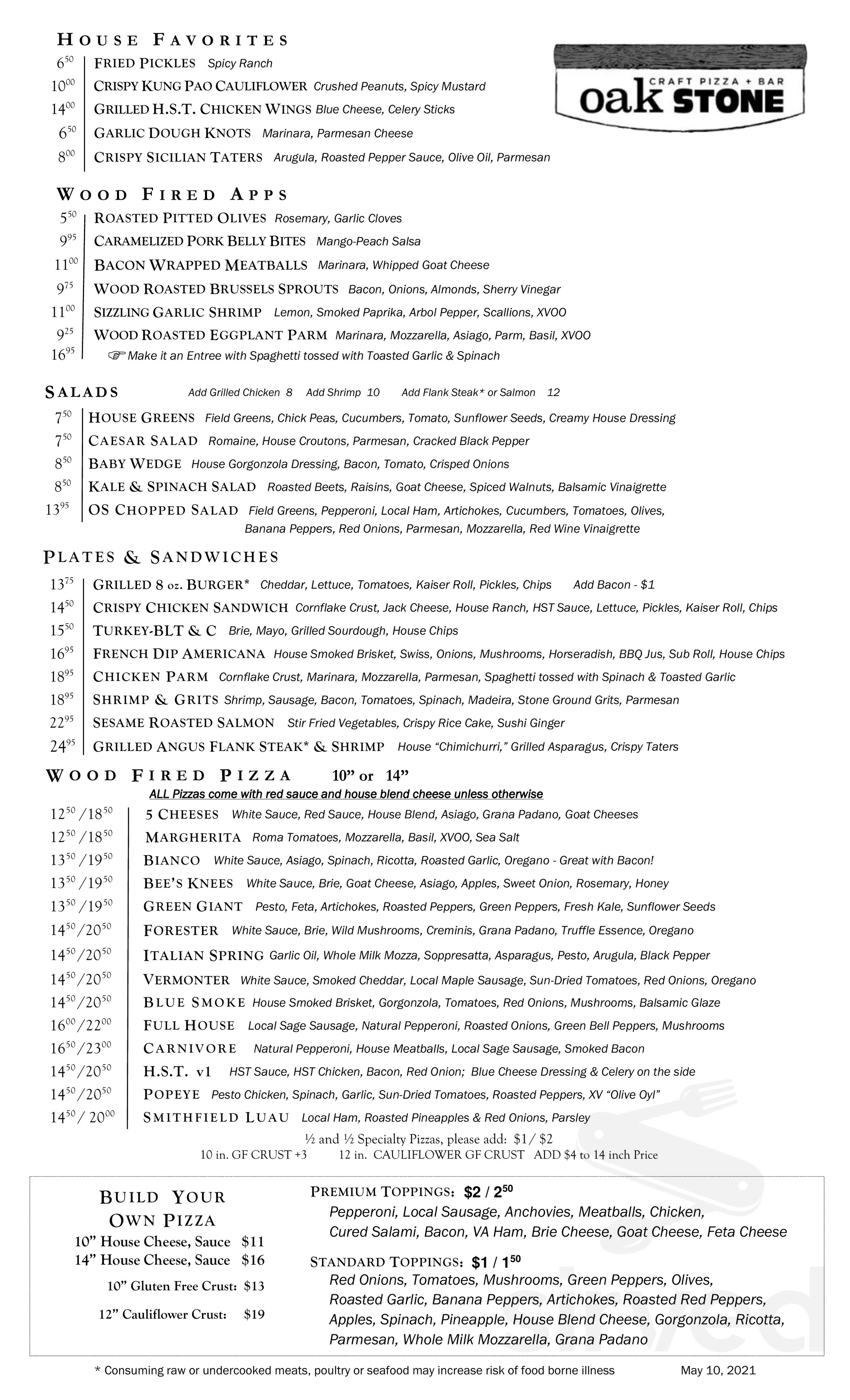 Menu for Oak Stone Craft Pizza and Bar in Winchester, VA | Sirved
