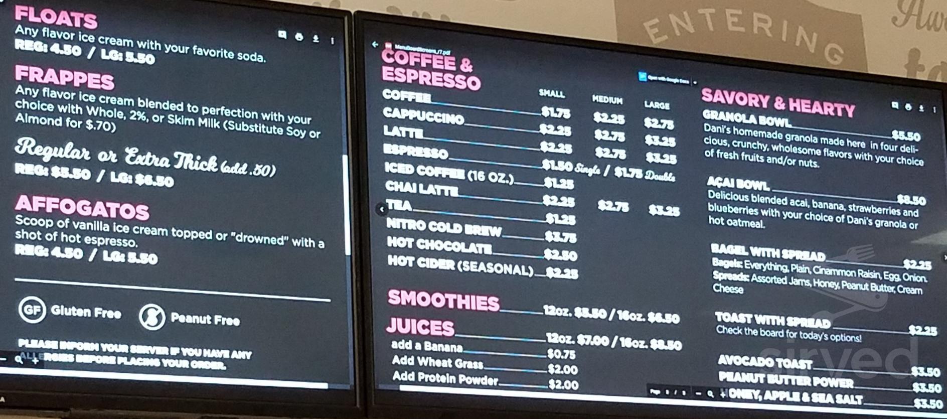 Barts and Snows Ice Cream Company menu in Greenfield, Massachusetts, USA