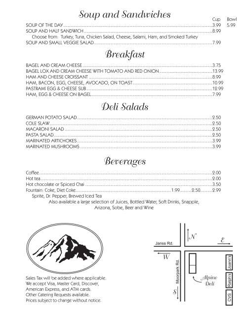 Alpine Deli menu in Thousand Oaks, California, USA