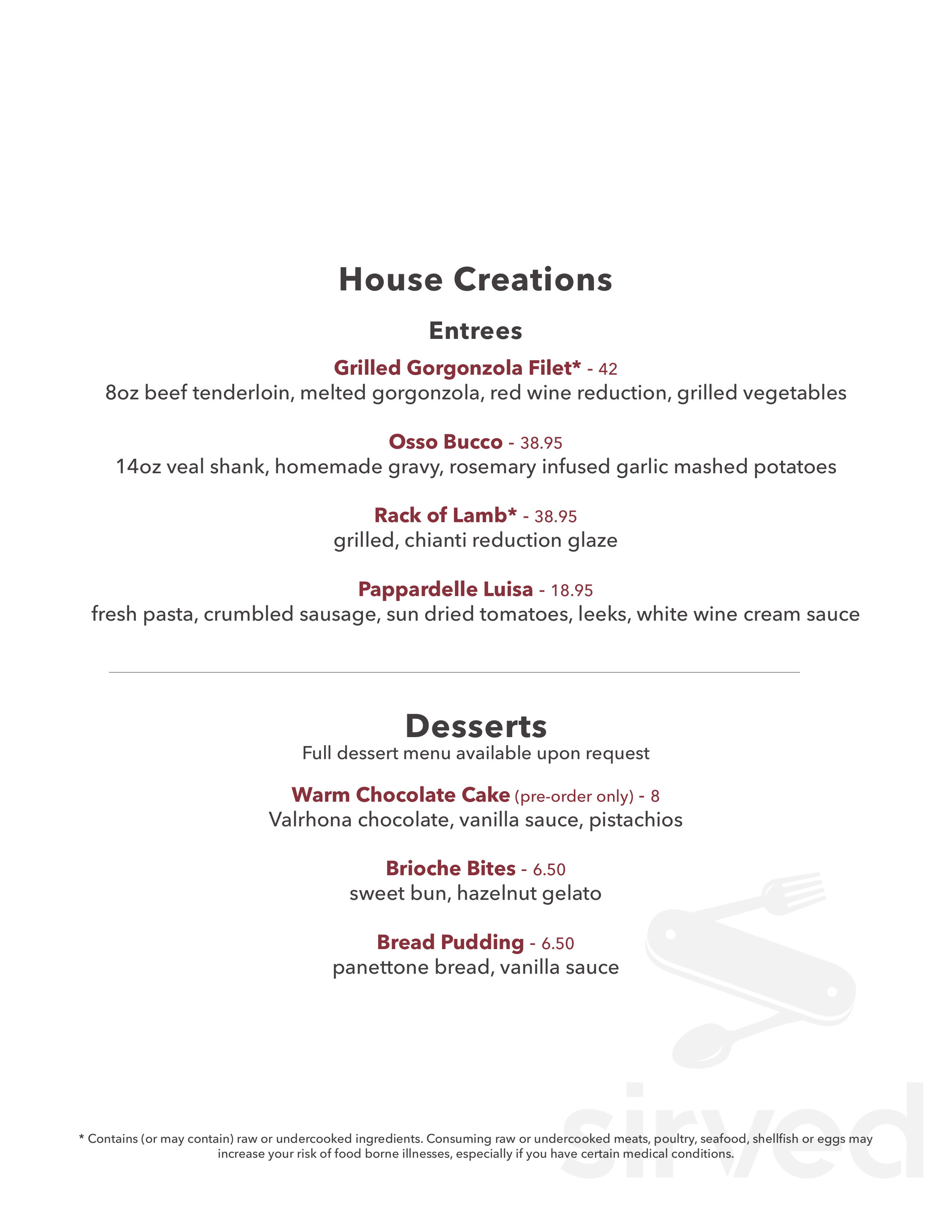 Nora's Italian Cuisine menu in Las Vegas, Nevada, USA