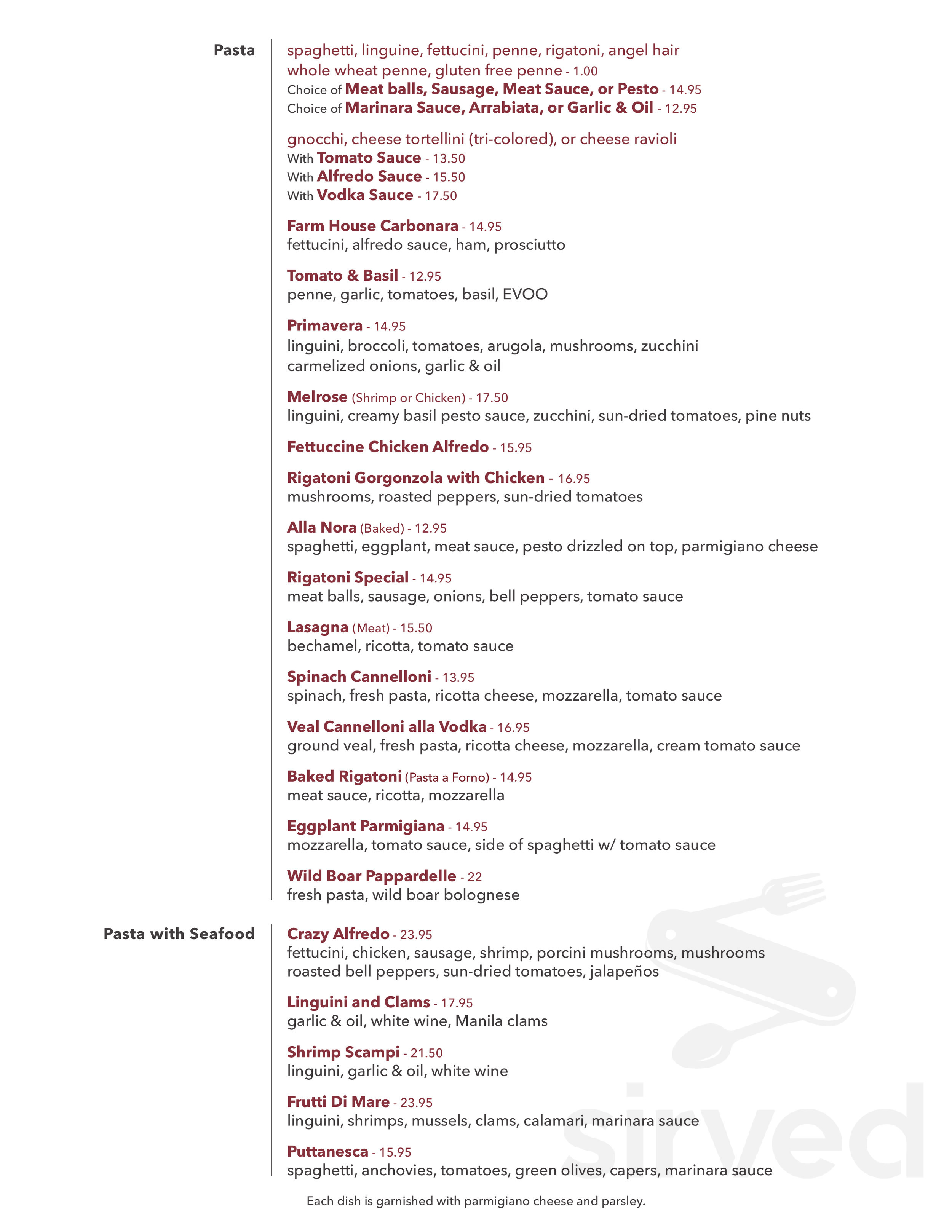 Nora's Italian Cuisine menu in Las Vegas, Nevada, USA