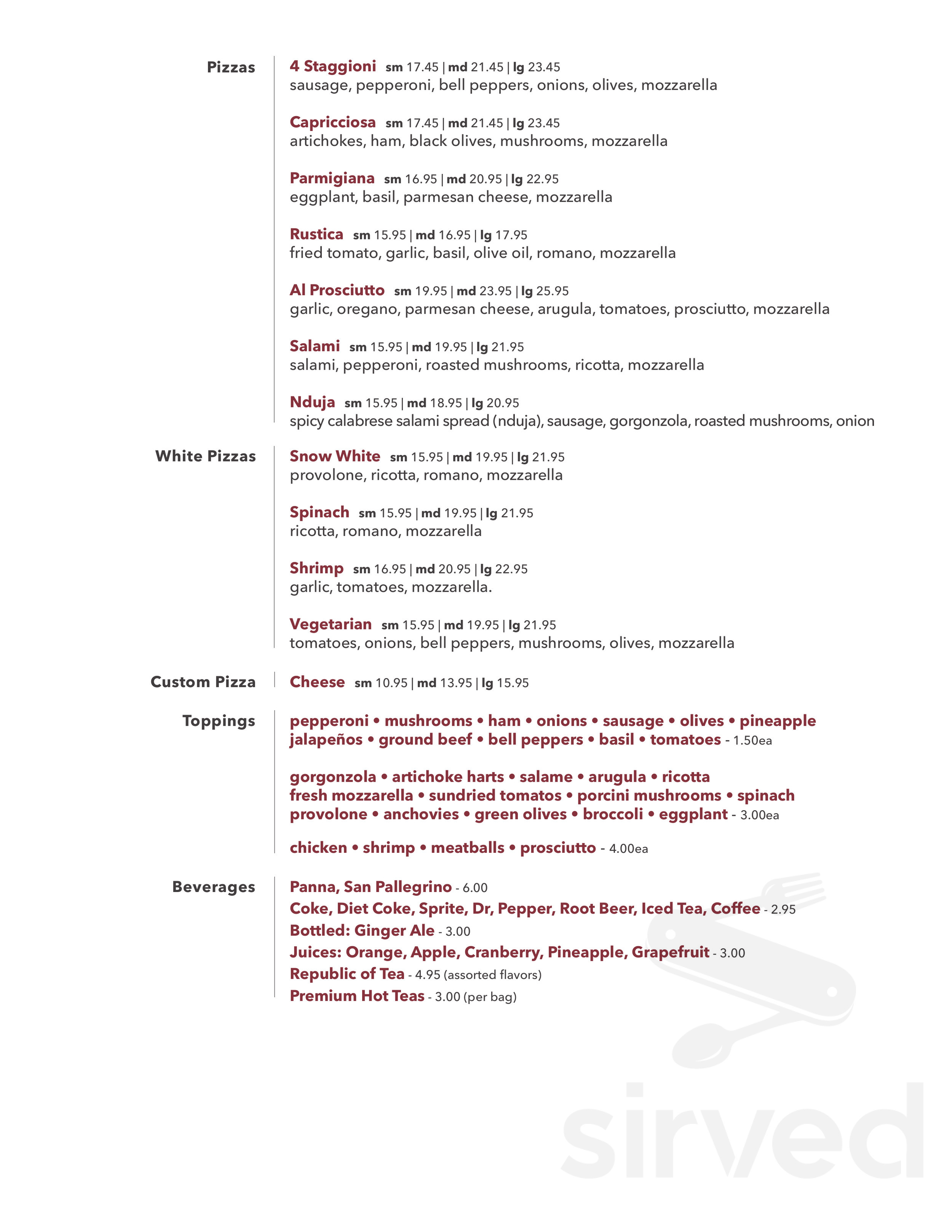 Nora's Italian Cuisine menu in Las Vegas, Nevada, USA