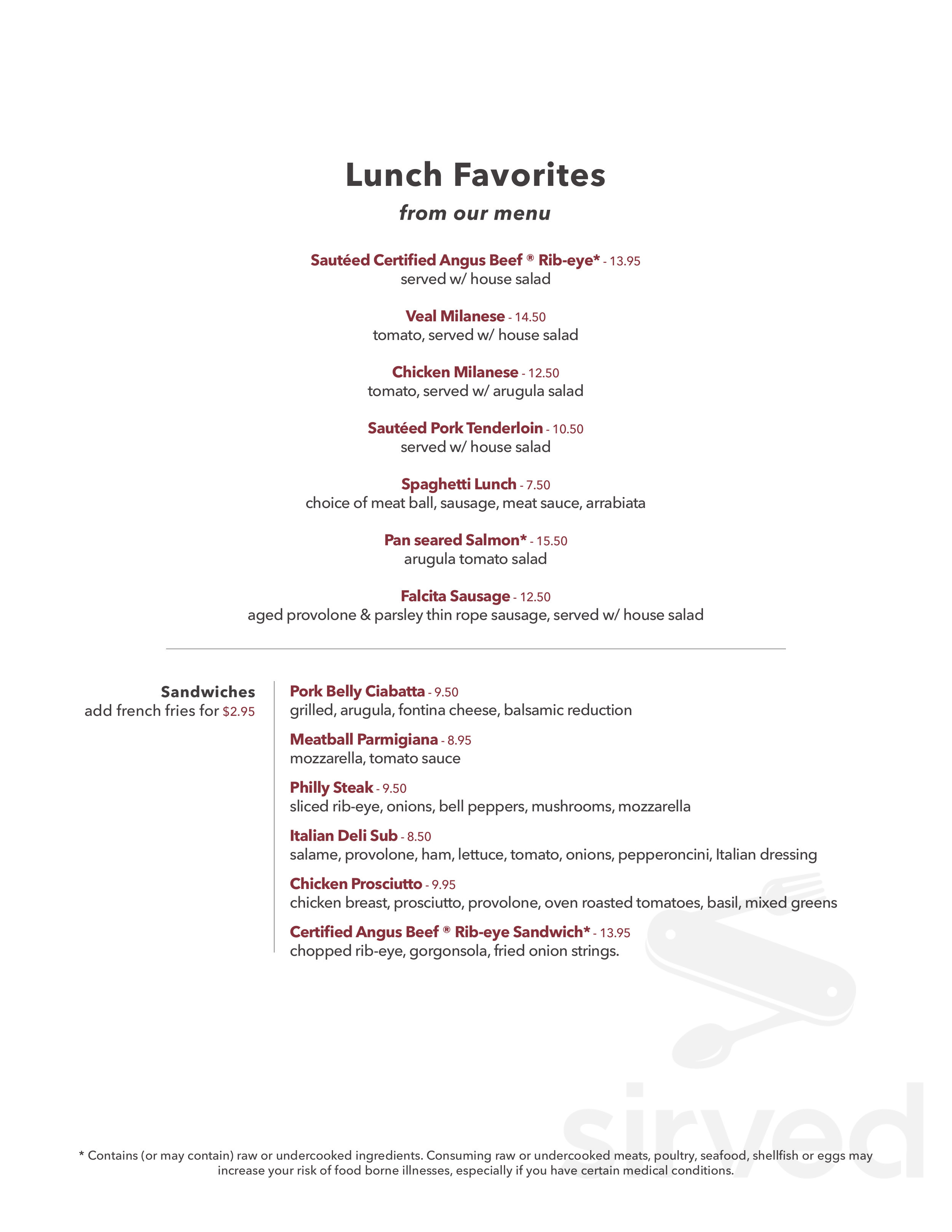 Nora's Italian Cuisine menu in Las Vegas, Nevada, USA