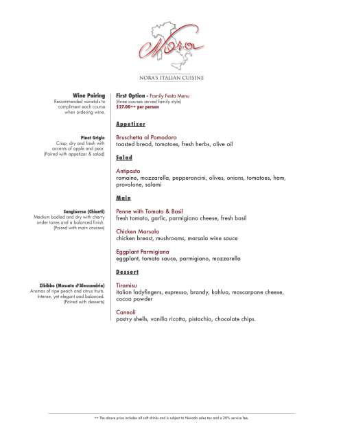 Nora's Italian Cuisine menu in Las Vegas, Nevada, USA