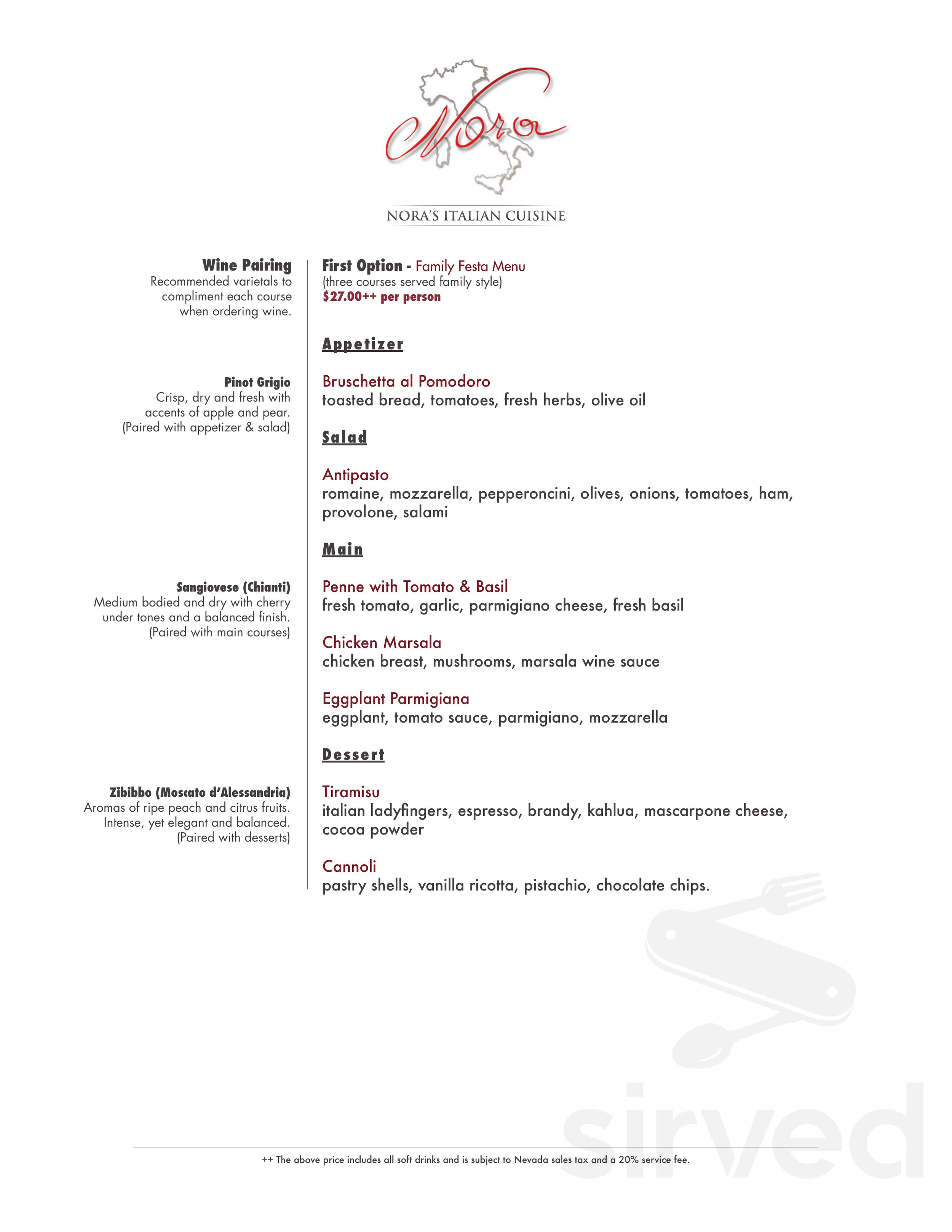 Nora's Italian Cuisine menu in Las Vegas, Nevada, USA