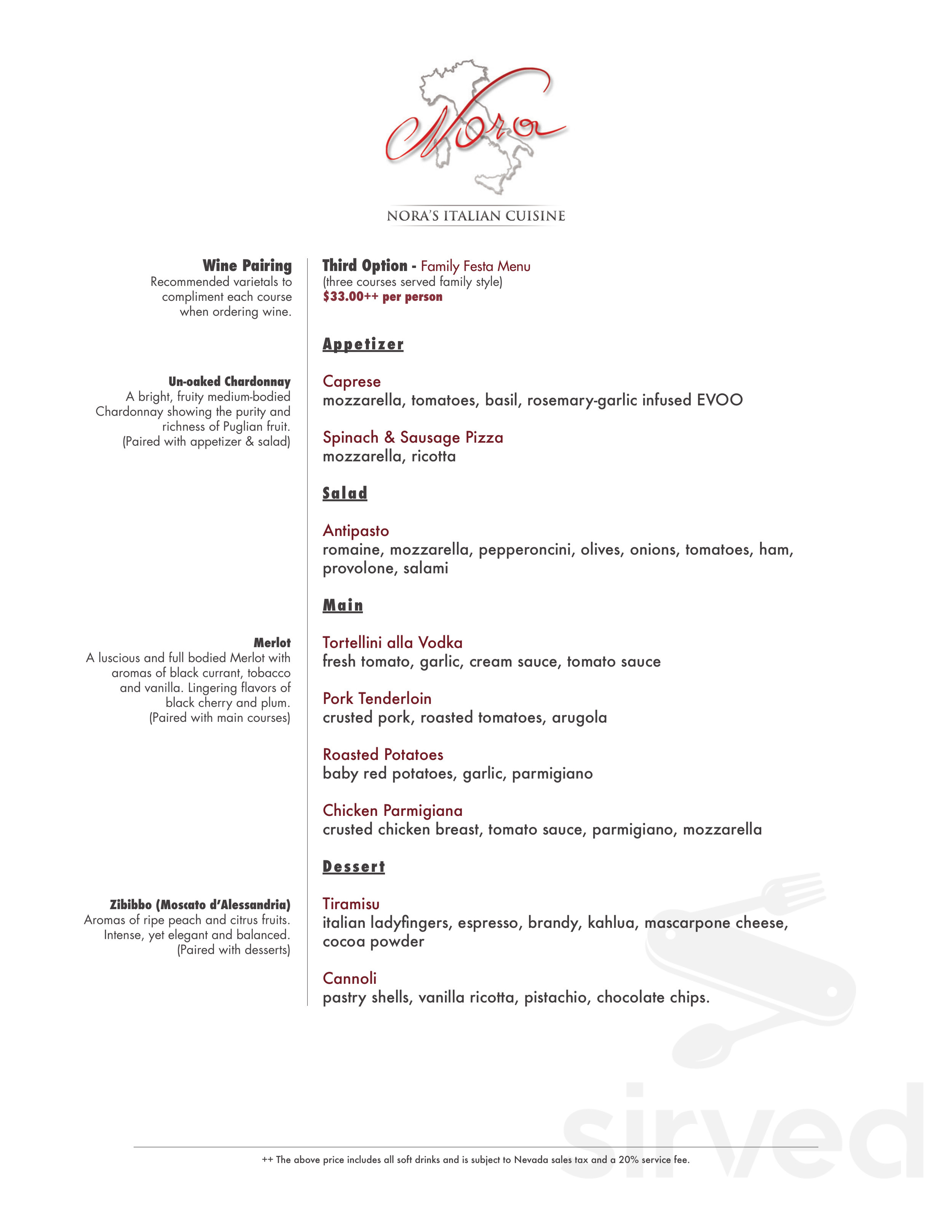 Nora's Italian Cuisine menu in Las Vegas, Nevada, USA