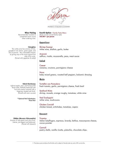 Nora's Italian Cuisine menu in Las Vegas, Nevada, USA