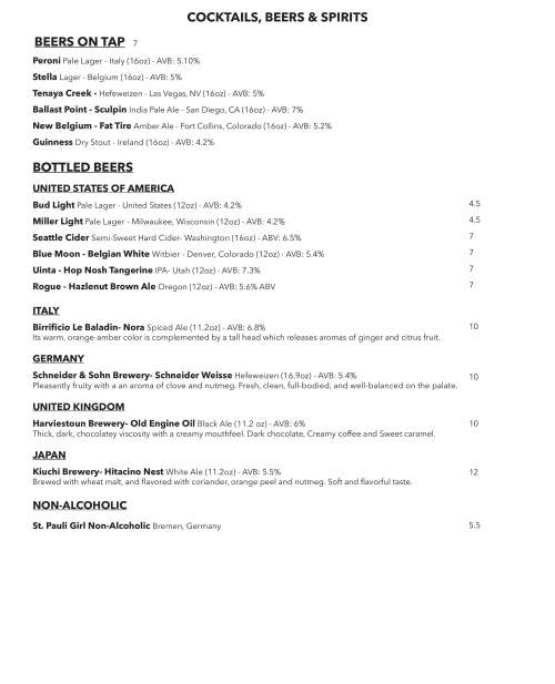 Nora's Italian Cuisine menu in Las Vegas, Nevada, USA