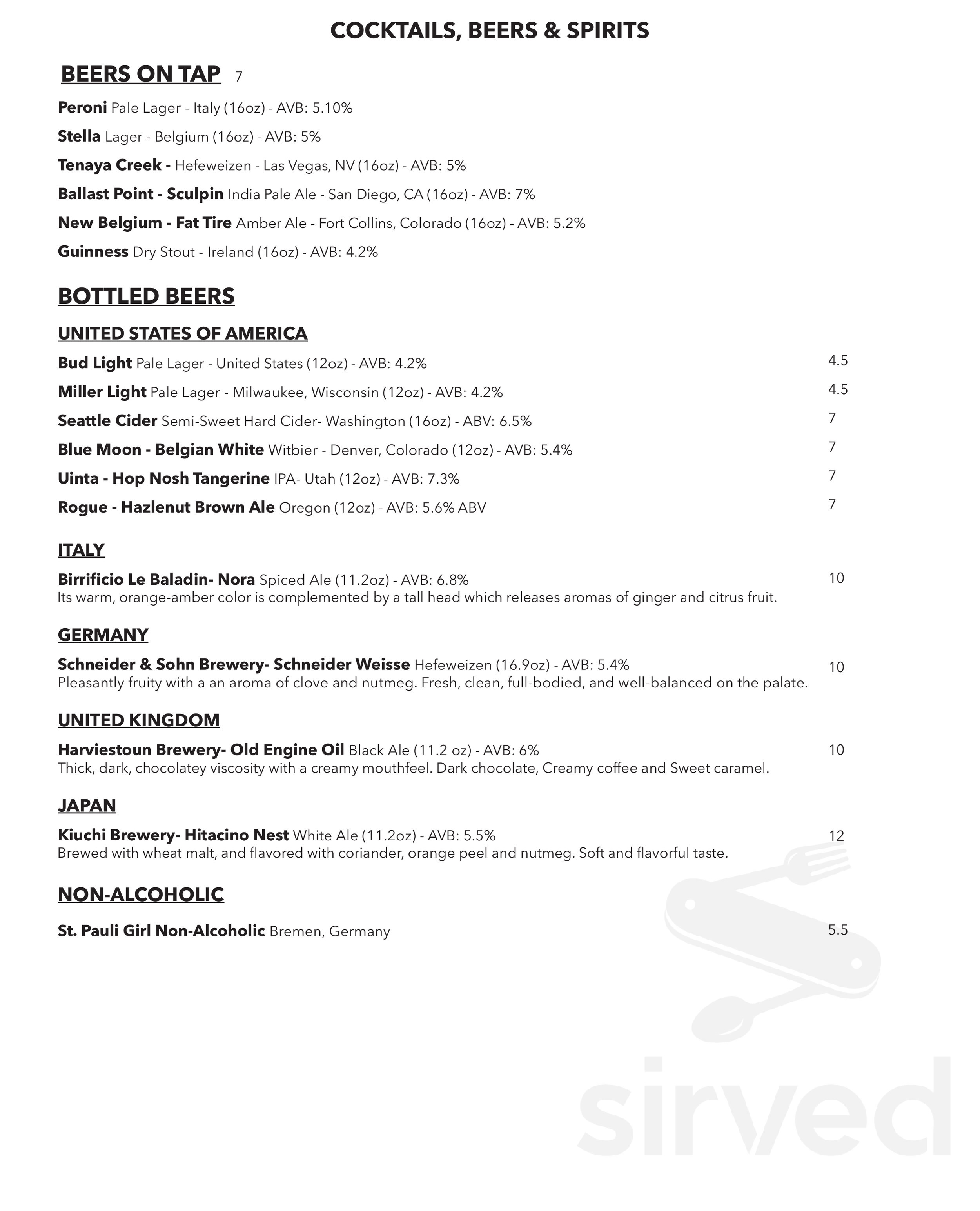 Nora's Italian Cuisine menu in Las Vegas, Nevada, USA