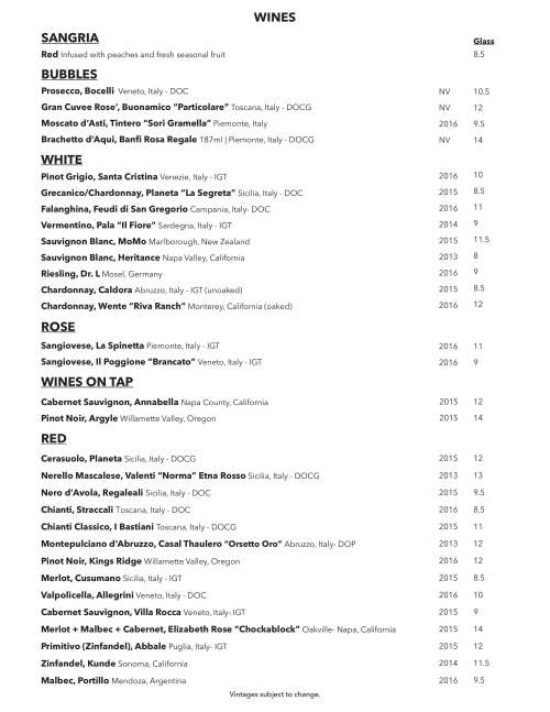 Nora's Italian Cuisine menu in Las Vegas, Nevada, USA
