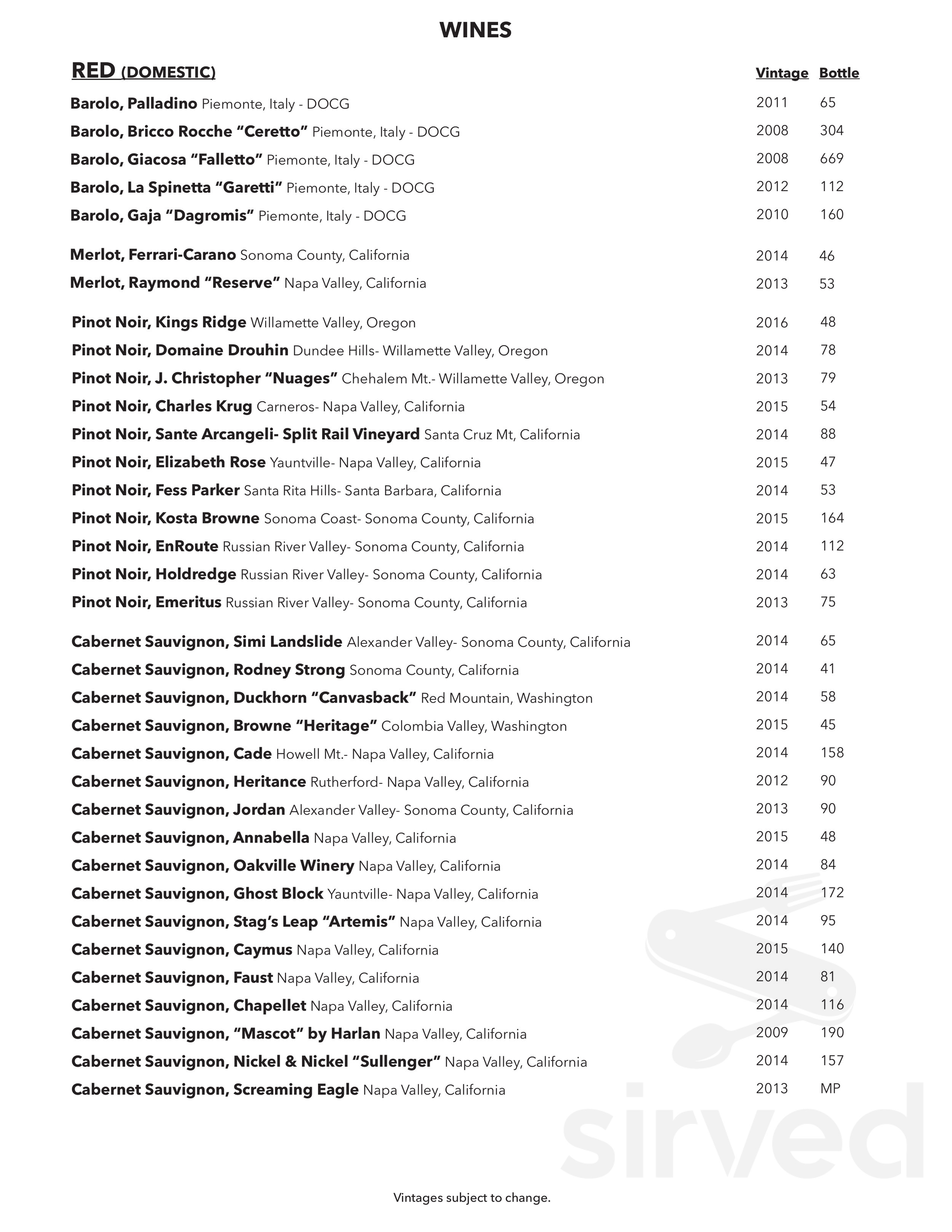 Nora's Italian Cuisine menu in Las Vegas, Nevada, USA
