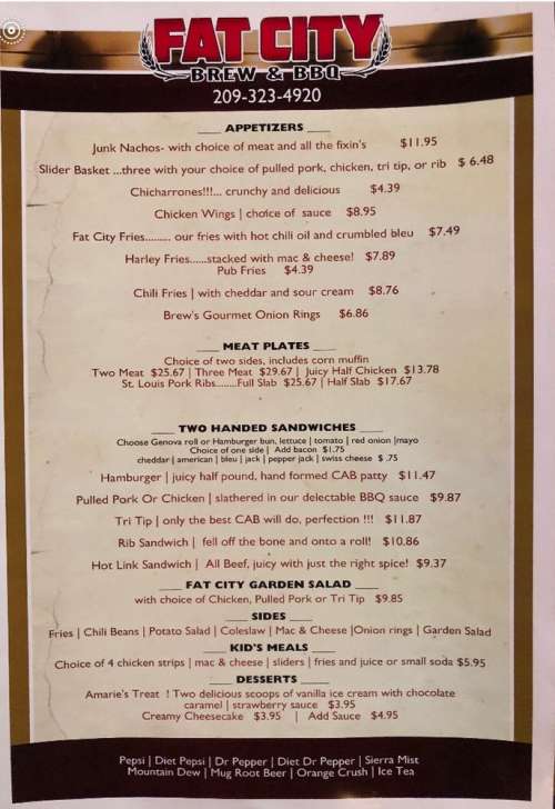 Fat City Brew & BBQ menu in Stockton, California, USA