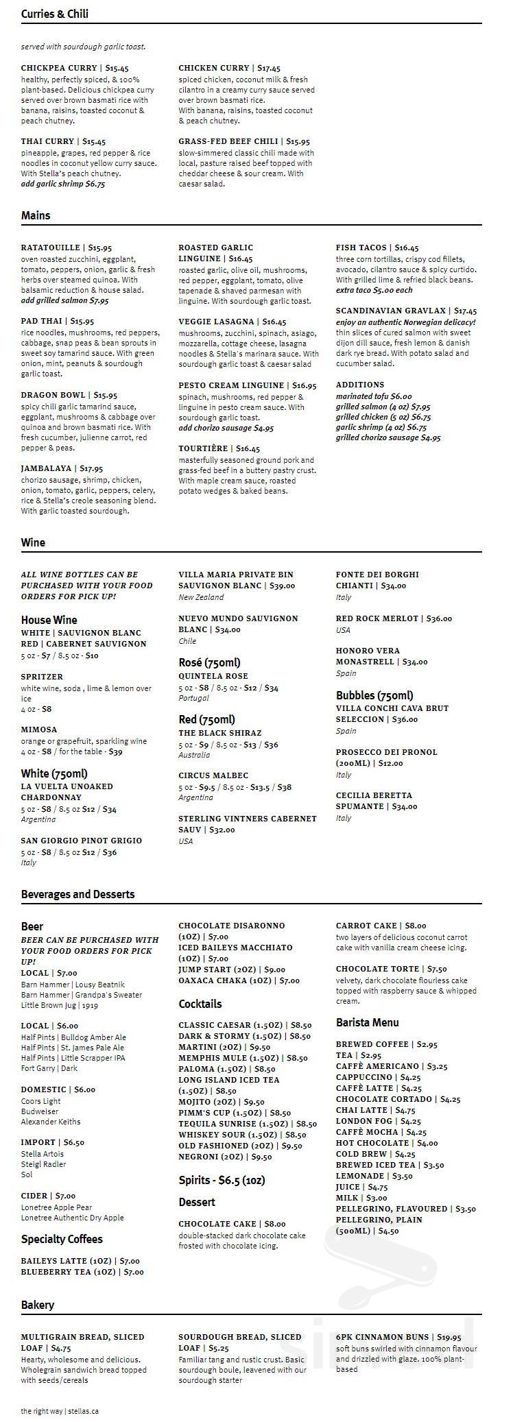 Stella's on Pembina menu in Winnipeg, Manitoba, Canada