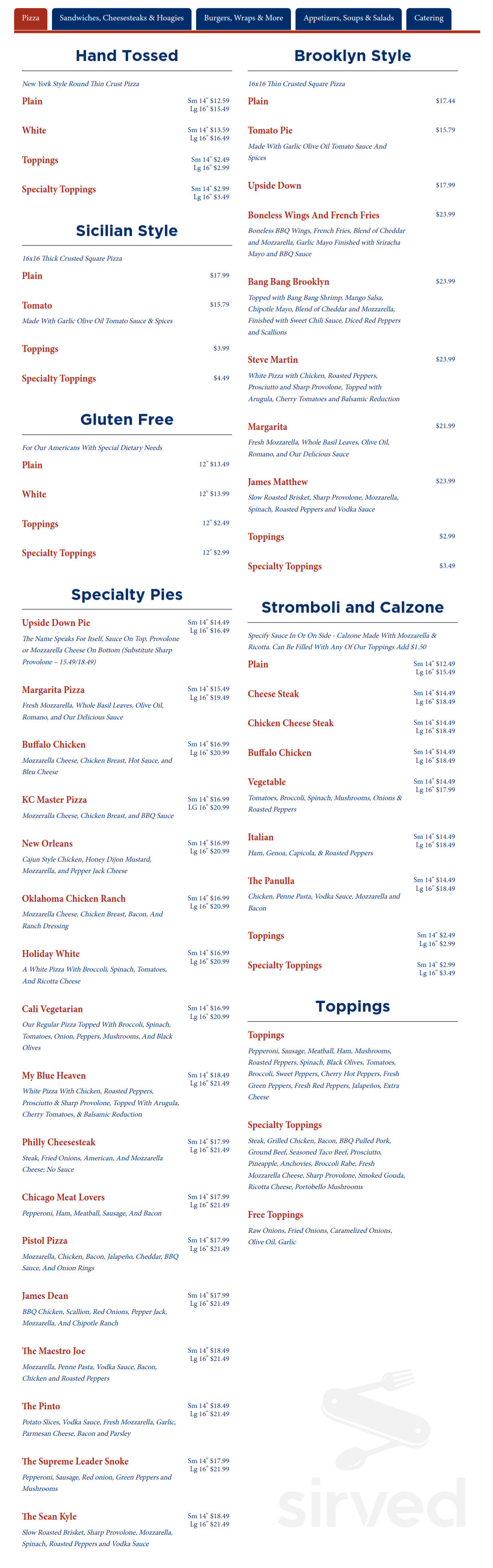 America's Pie menu in West Chester, Pennsylvania, USA