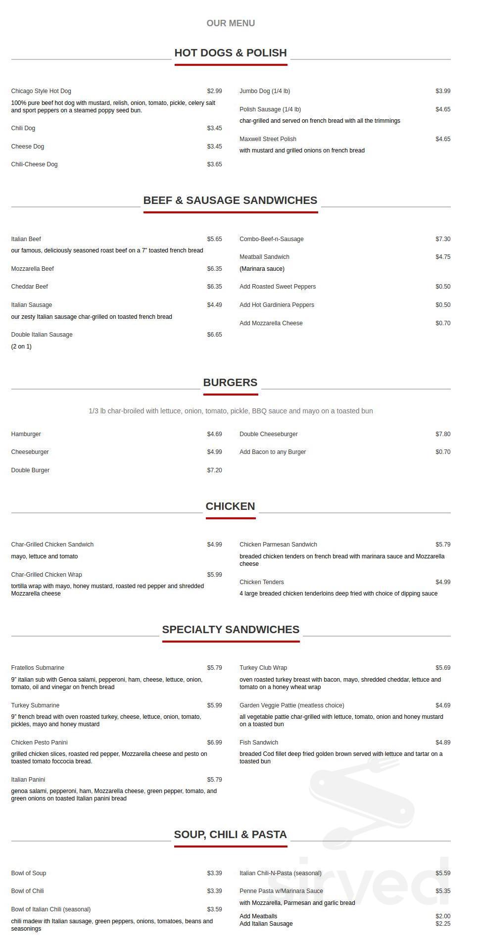 Fratellos Hot Dogs menu in Volo, Illinois, USA