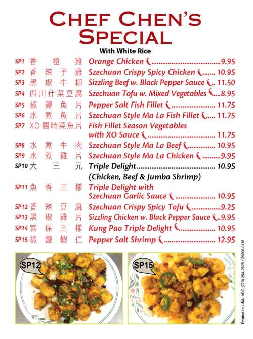 Chef Chen's menu in De Pere, Wisconsin, USA