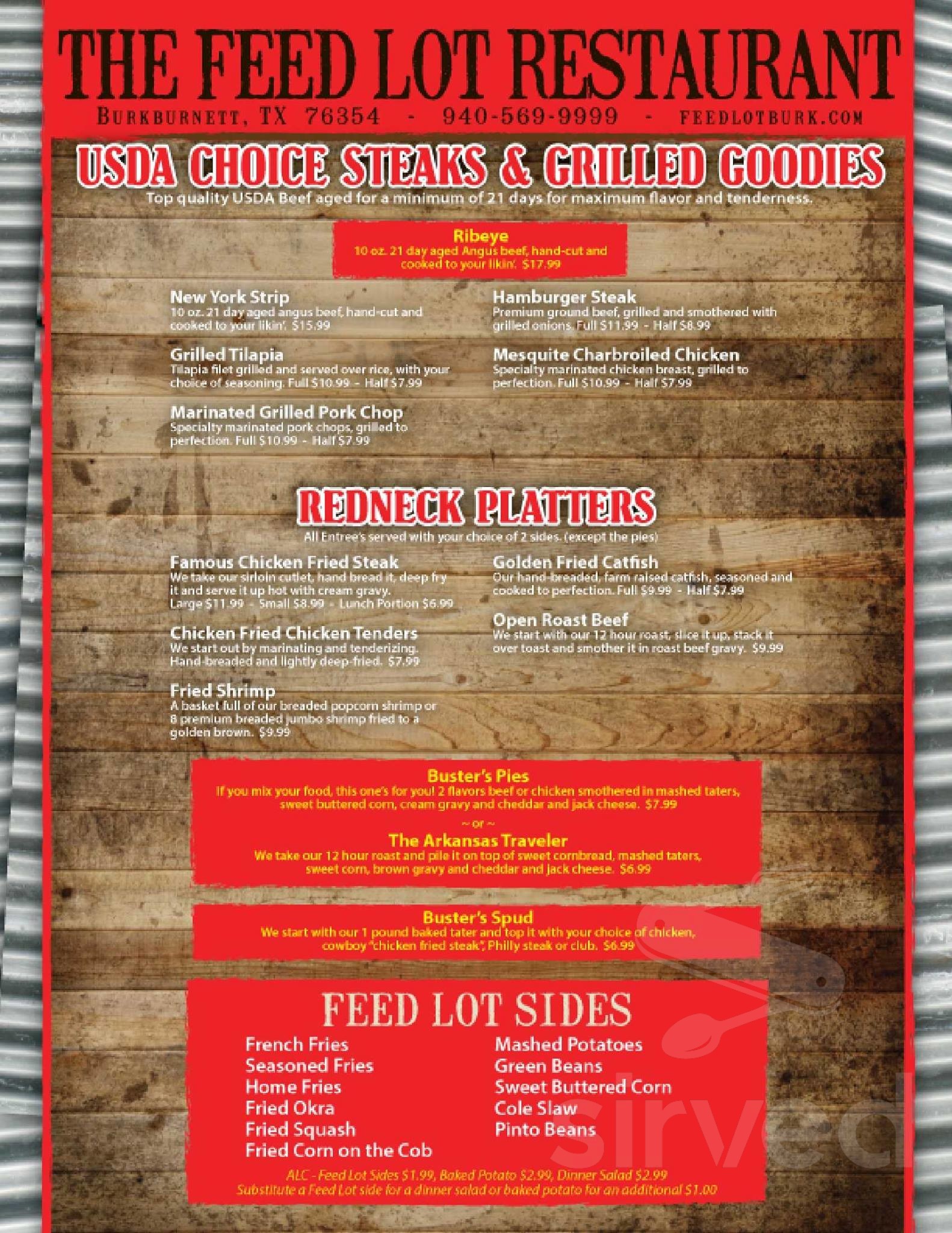 The Feed Lot Restaurant menu in Burkburnett, Texas, USA
