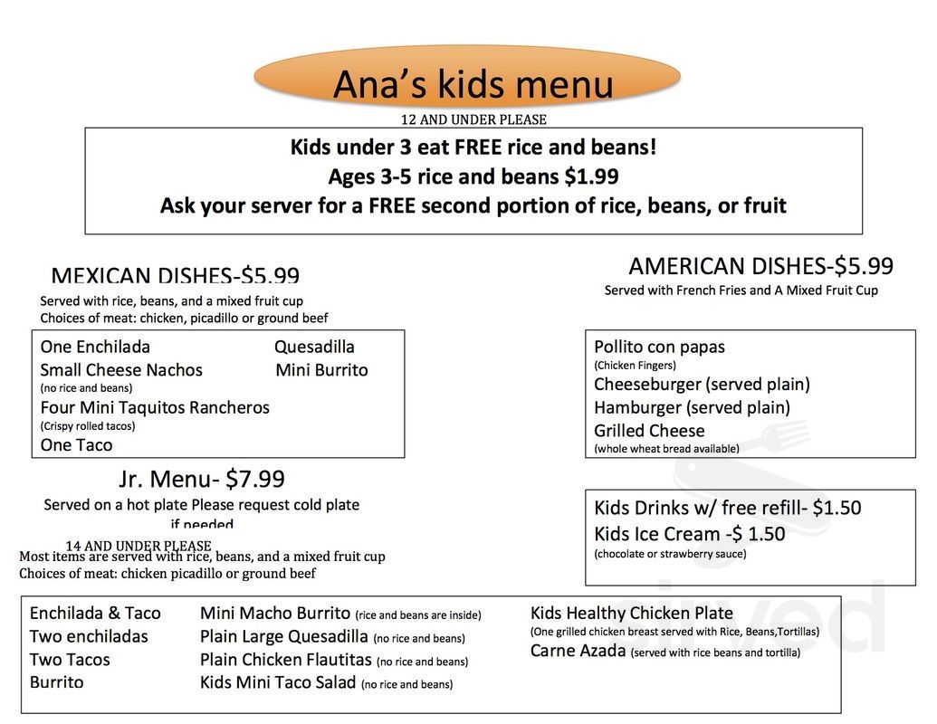 Ana's Mexican Restaurant menu in Snoqualmie, Washington, USA