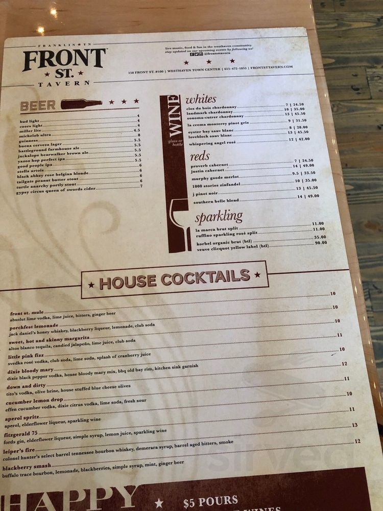 Front St. Tavern menus in Franklin, Tennessee, United States