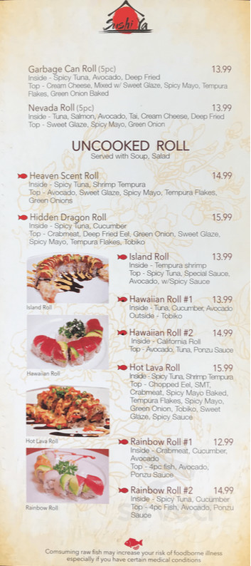Sushi Ya menu in Anchorage, Alaska, USA