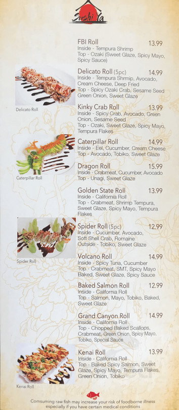 Sushi Ya menu in Anchorage, Alaska, USA