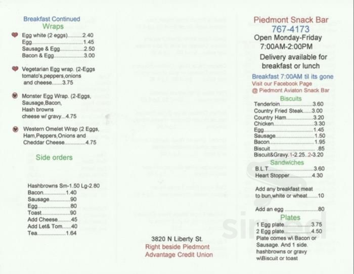 Menu for Piedmont Aviation Snack Bar in Winston-Salem, NC | Sirved