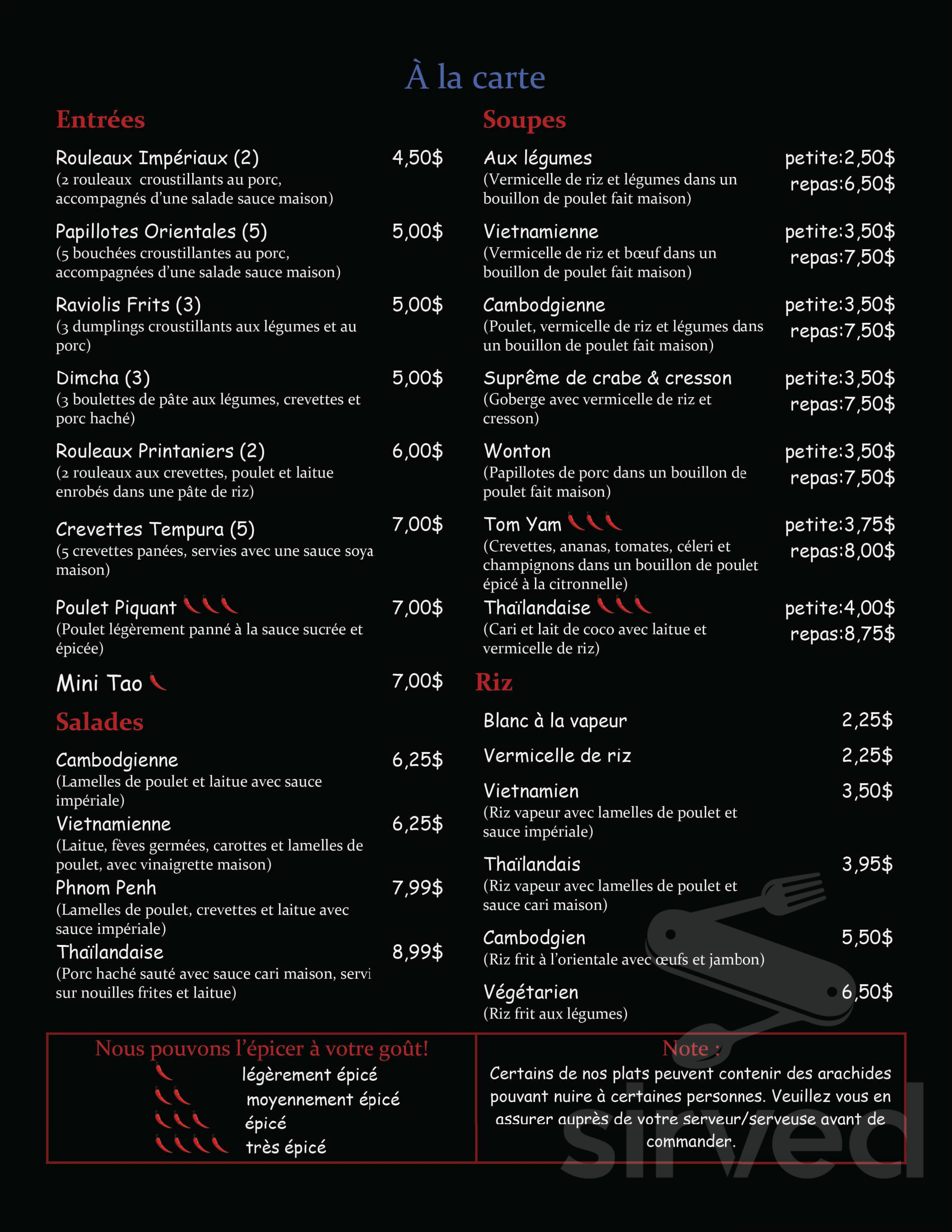 Restaurant Thaï Sélect menu in Québec, Quebec, Canada