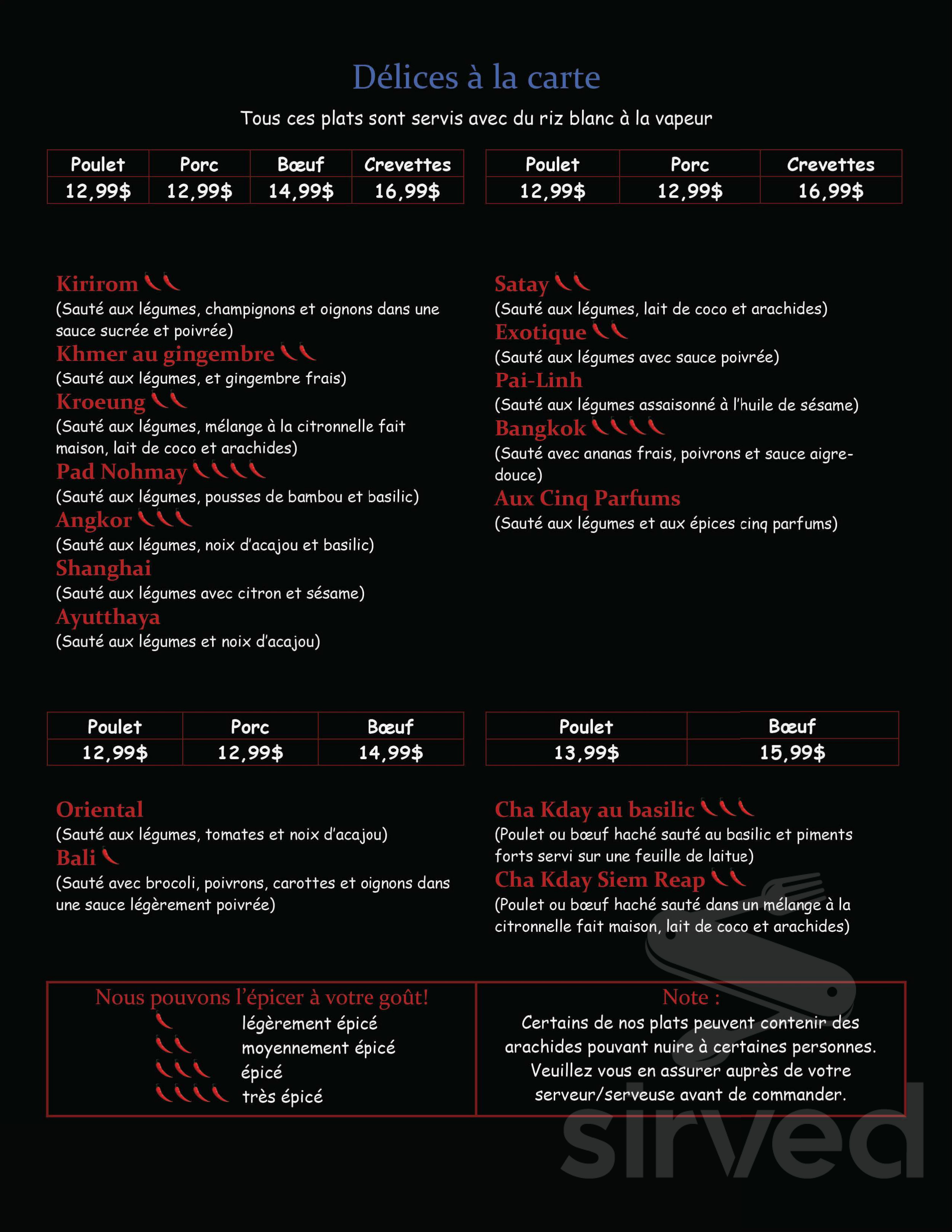 Menu for Restaurant Thaï Sélect in Québec, Quebec, Canada