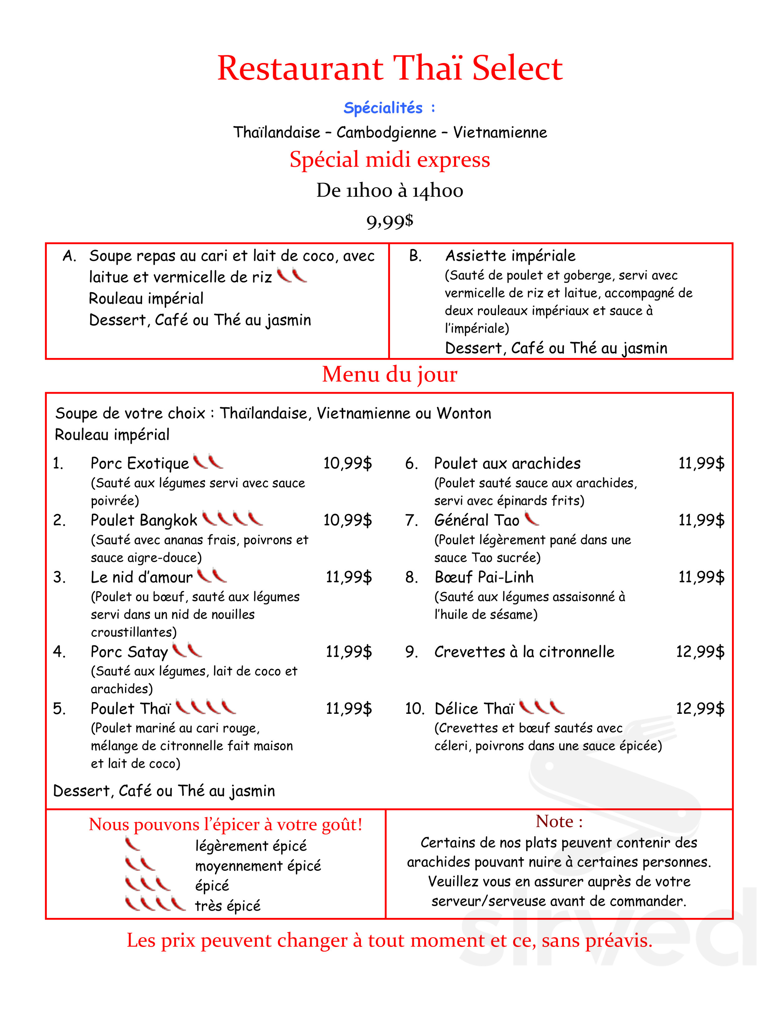 Restaurant Thaï Sélect menu in Québec, Quebec, Canada