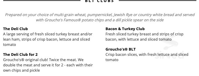 Groucho's Deli menu in Georgetown, South Carolina, USA