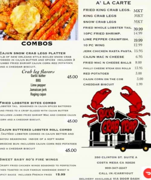 Buck's Crab Trap Kitchen menu in Costa Mesa, California, USA