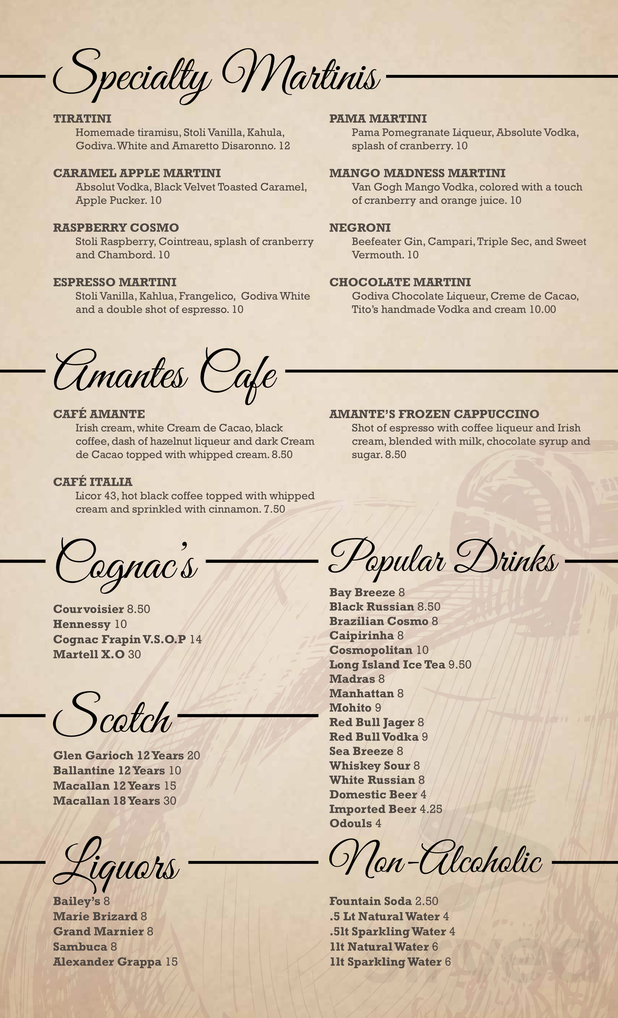 Amante's Italian Cuisine menu in Deerfield Beach, Florida, USA