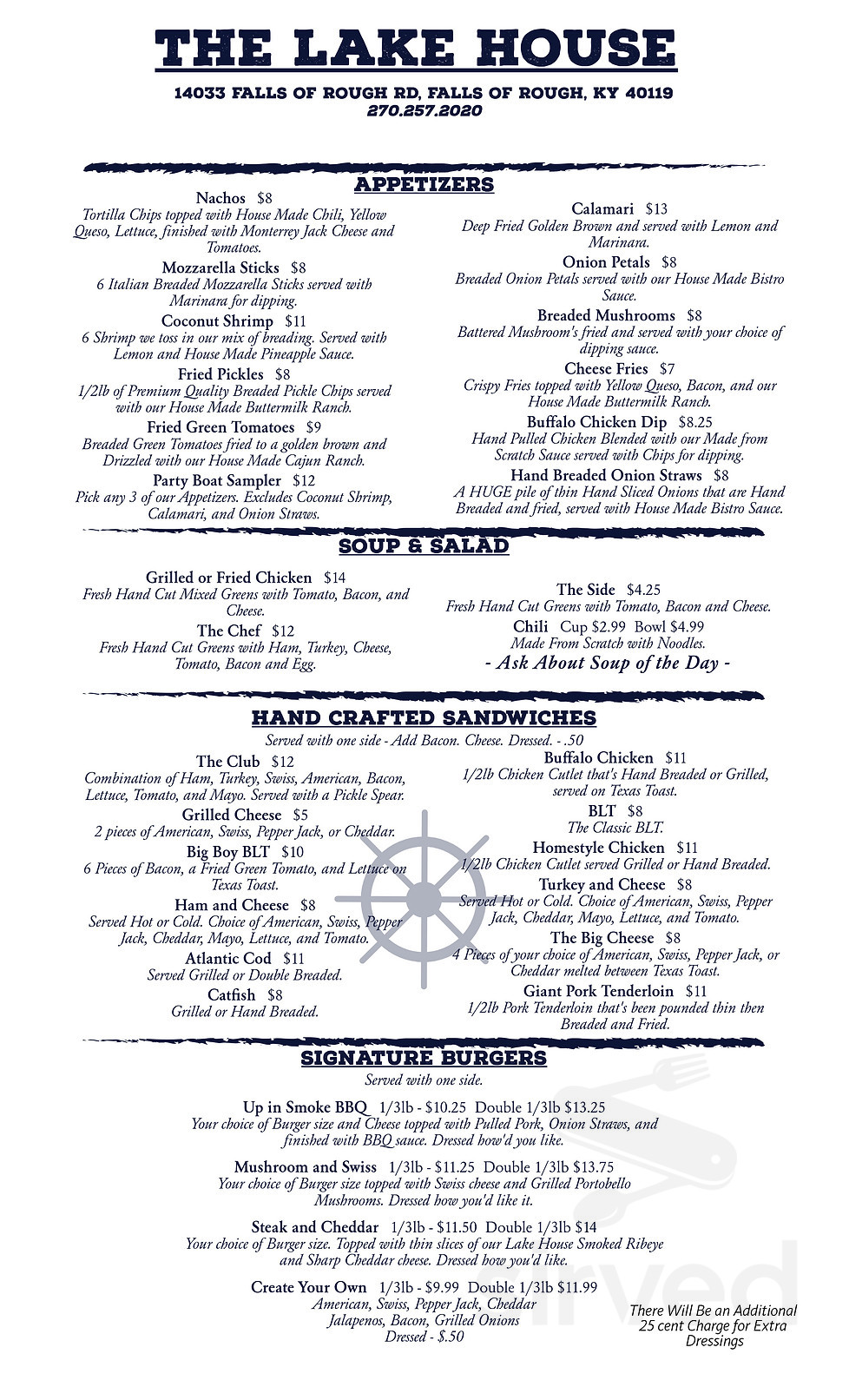 Lake House Restaurant menu in Falls of Rough, Kentucky, USA