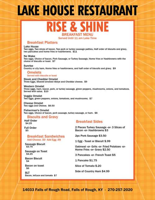 Lake House Restaurant menu in Falls of Rough, Kentucky, USA