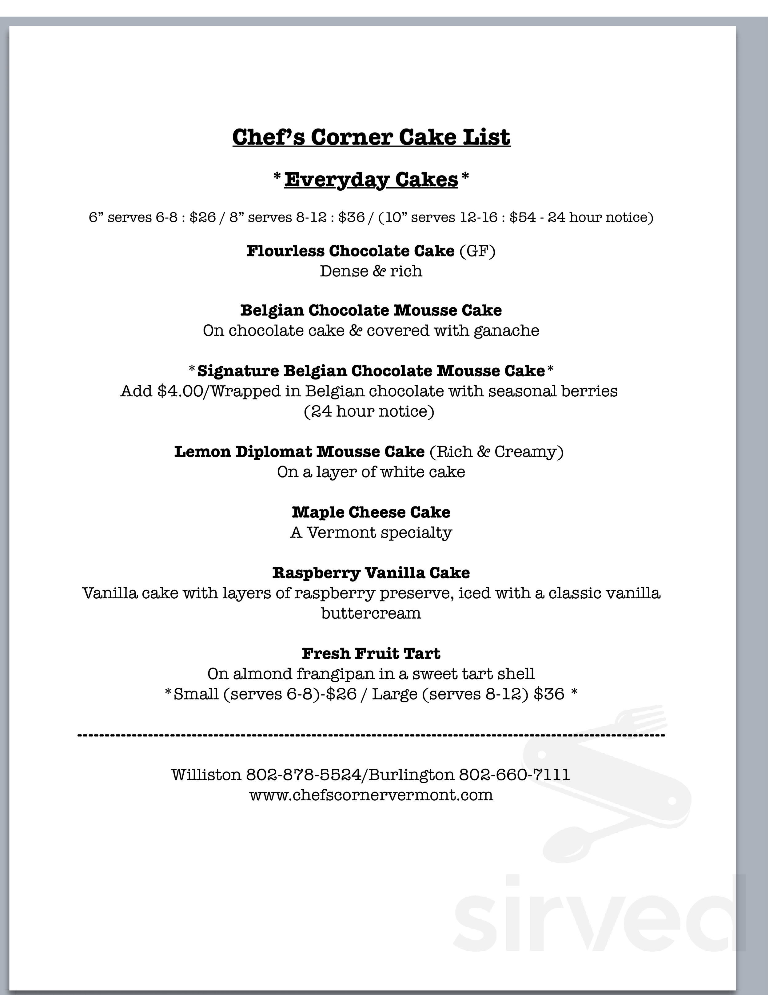 Chef's Corner menu in Williston, Vermont, USA